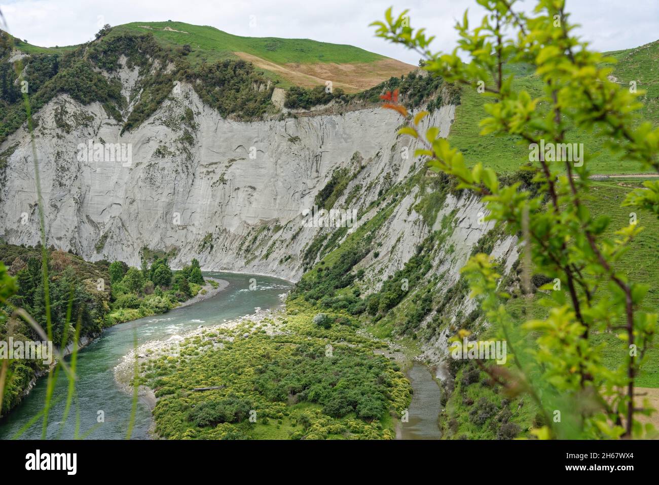 Mangaweka Gorge, a deep viaduct with cliffs formed of soft grey ...