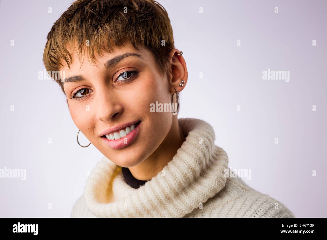 Hispanic ethnic young beautiful woman happy people looking at camera ...