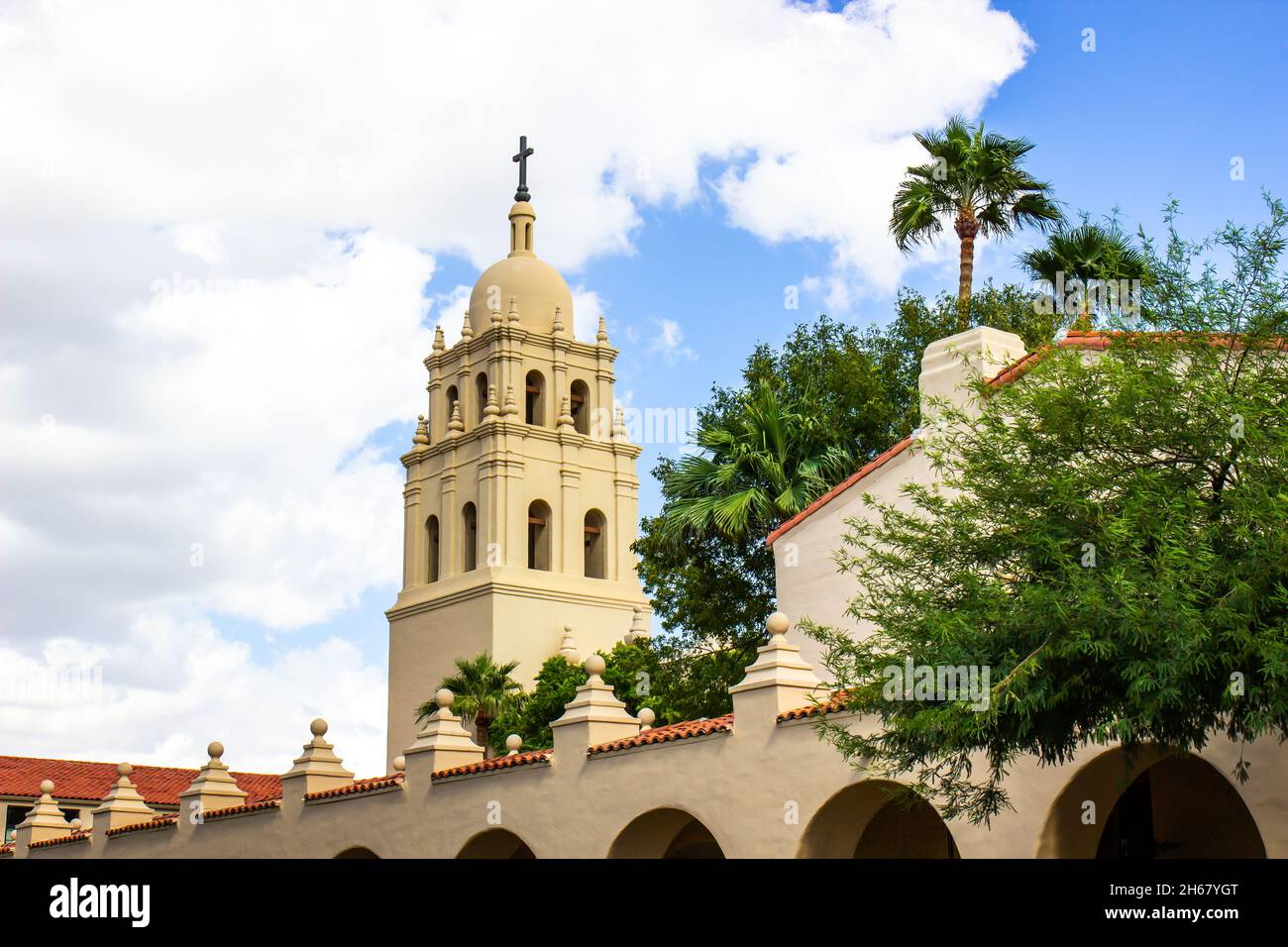 Spanish Style Church Belfry Tower With Cross Stock Photo - Alamy