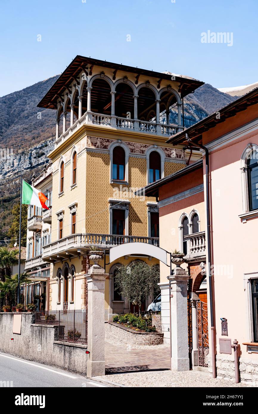 Beautiful building facade with balconies and arches. Como, Italy Stock ...