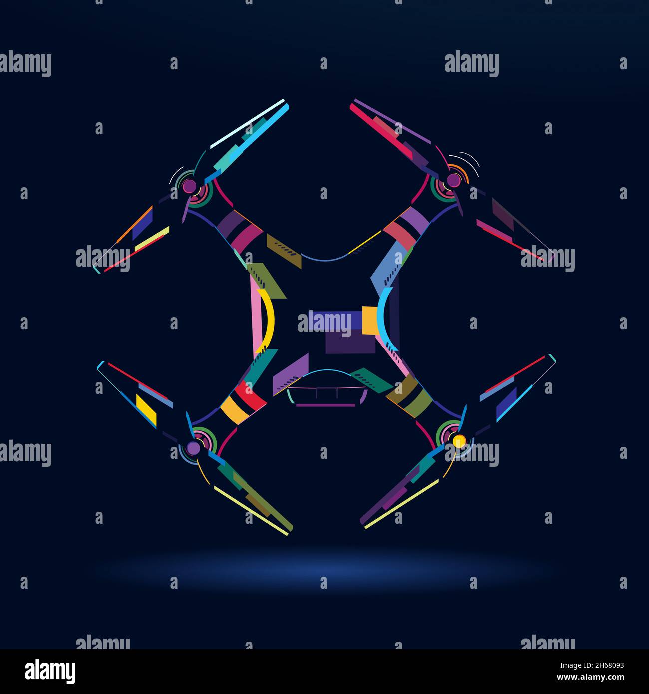 Drone top view, unmanned quadcopter, abstract, colorful drawing. Vector ...