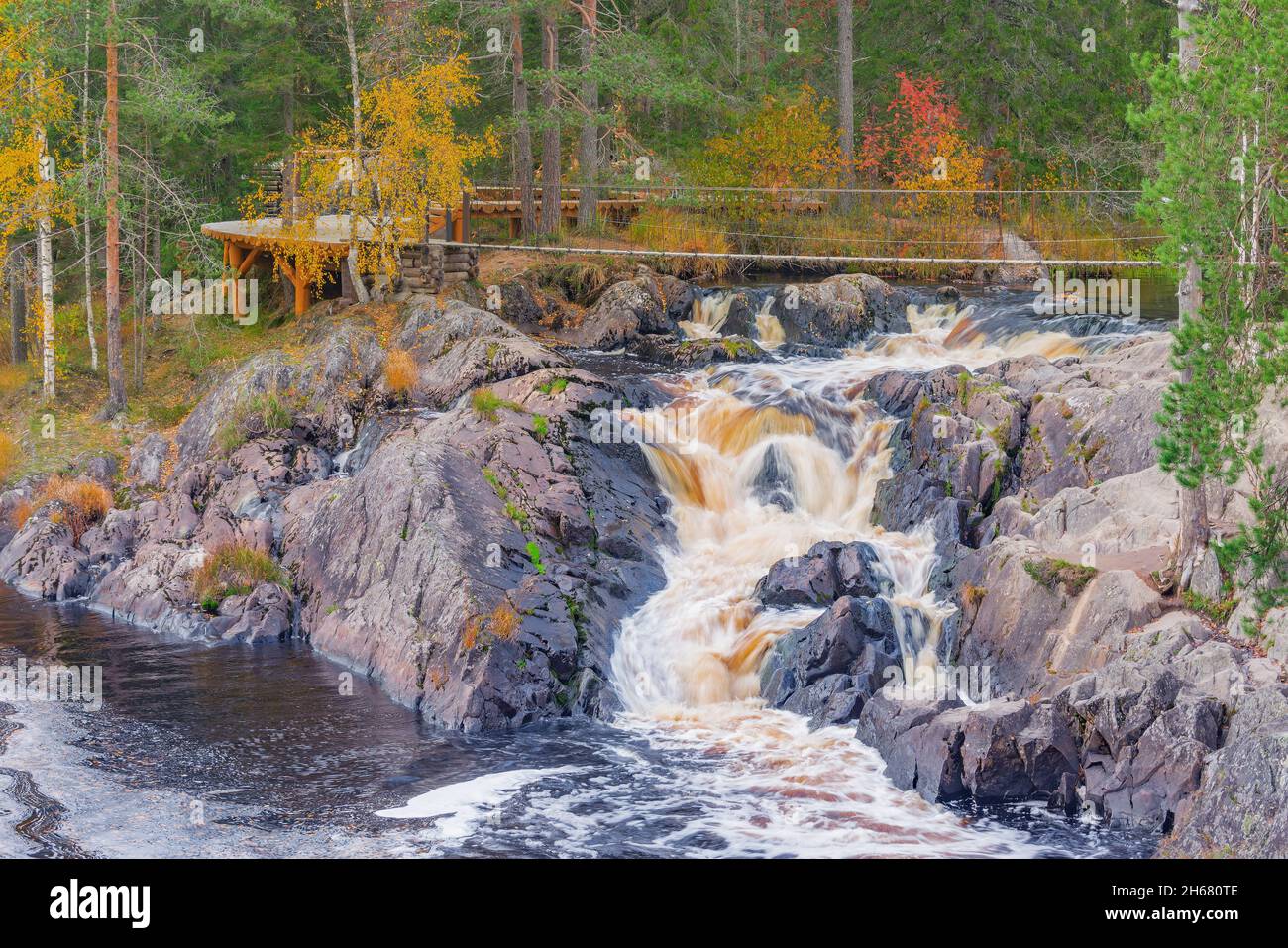 Waterfall in the canyon. Ruskeala Mountain Park. Republic of Karelia ...