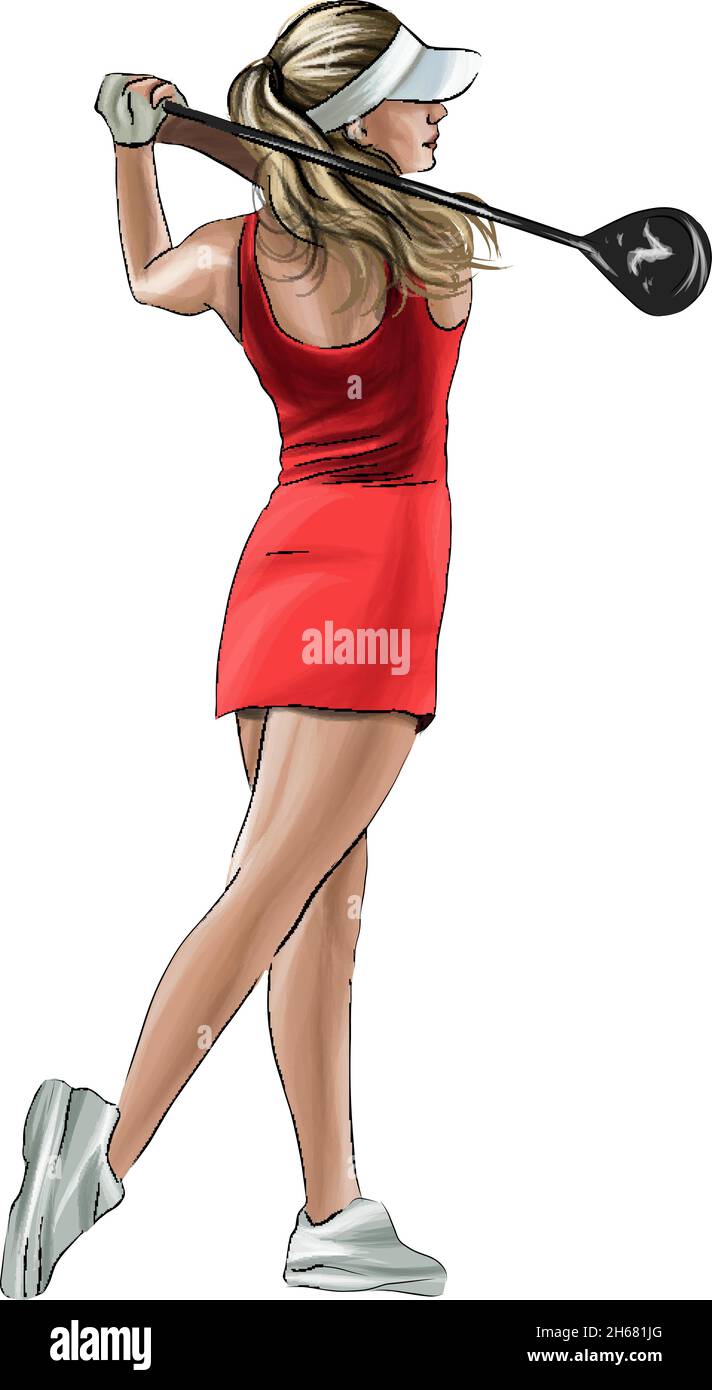 Female golf player hitting the ball, color drawing, realistic. Vector ...