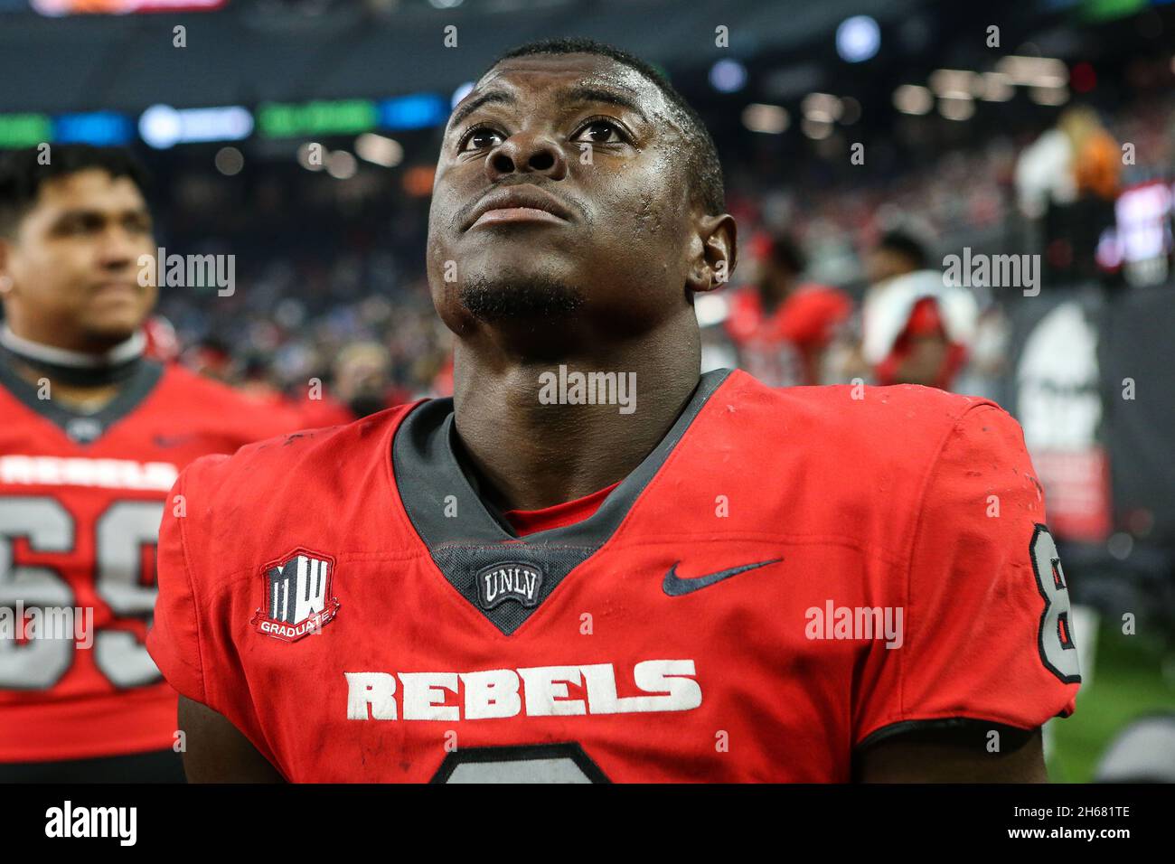 November 13, 2021: UNLV Rebels running back Charles Williams (8) looks towards the scoreboard ...