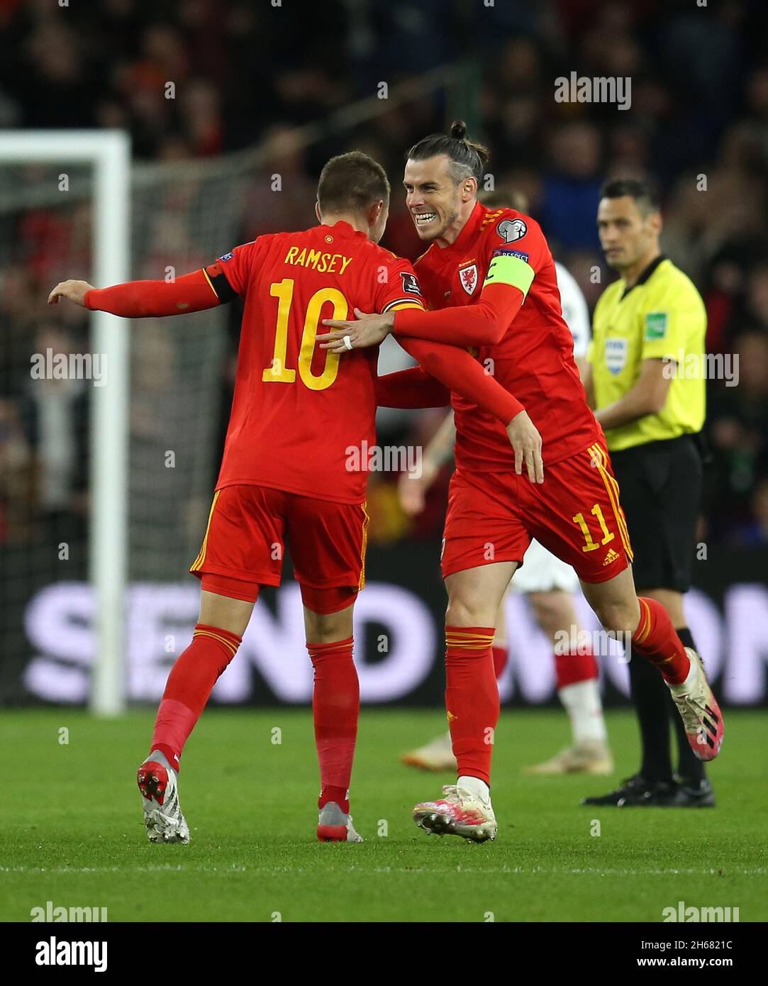 Cardiff, UK. 13th Nov, 2021. Aaron Ramsey of Wales (10) celebrates with ...