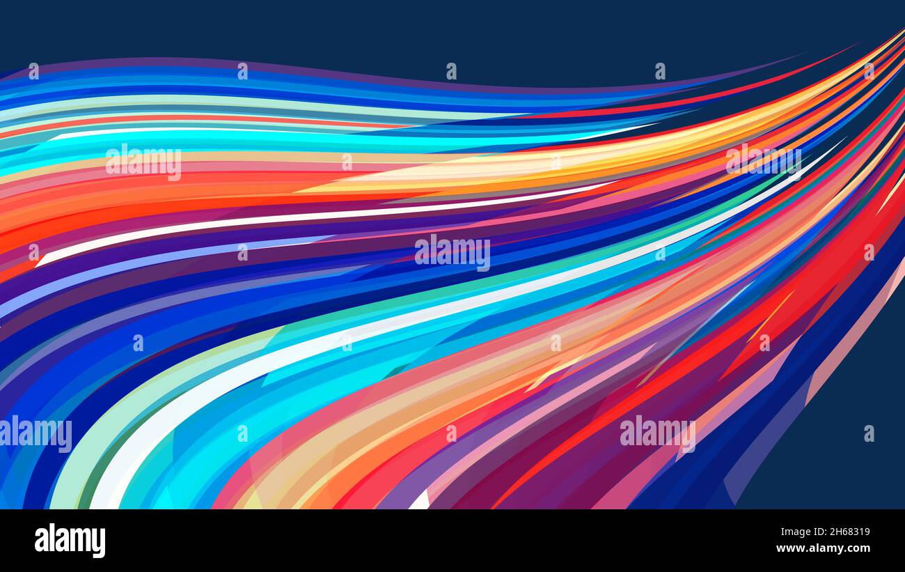 Abstract multicolor curved stripes on dark blue background. Technicolor ...