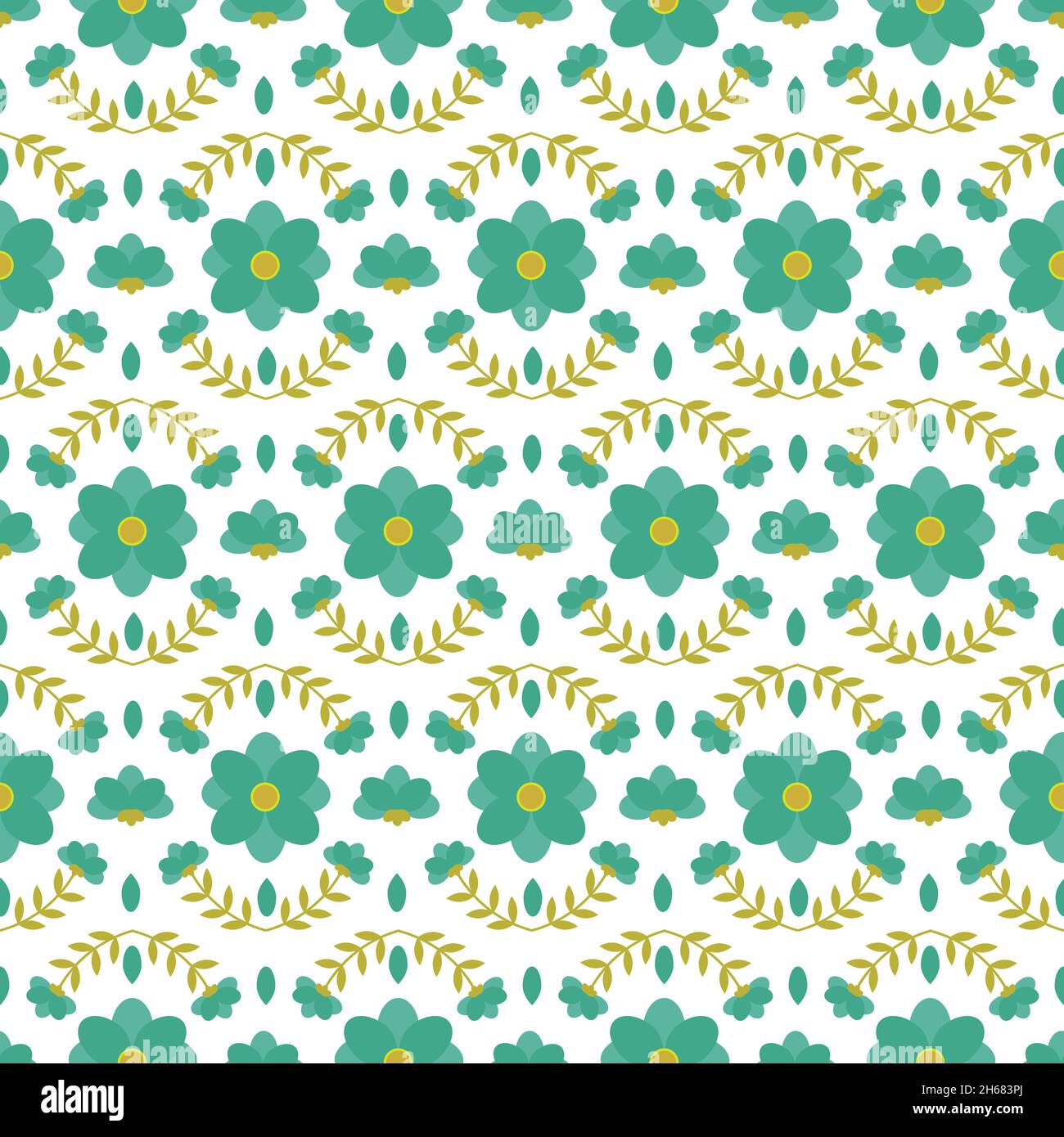 Symmetrical vintage pattern with green flowers. Stylized floral drawing ...