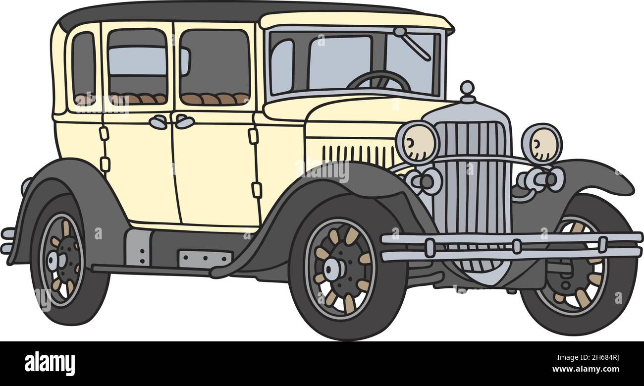 The vectorized hand drawing of a vintage black and white limousine ...