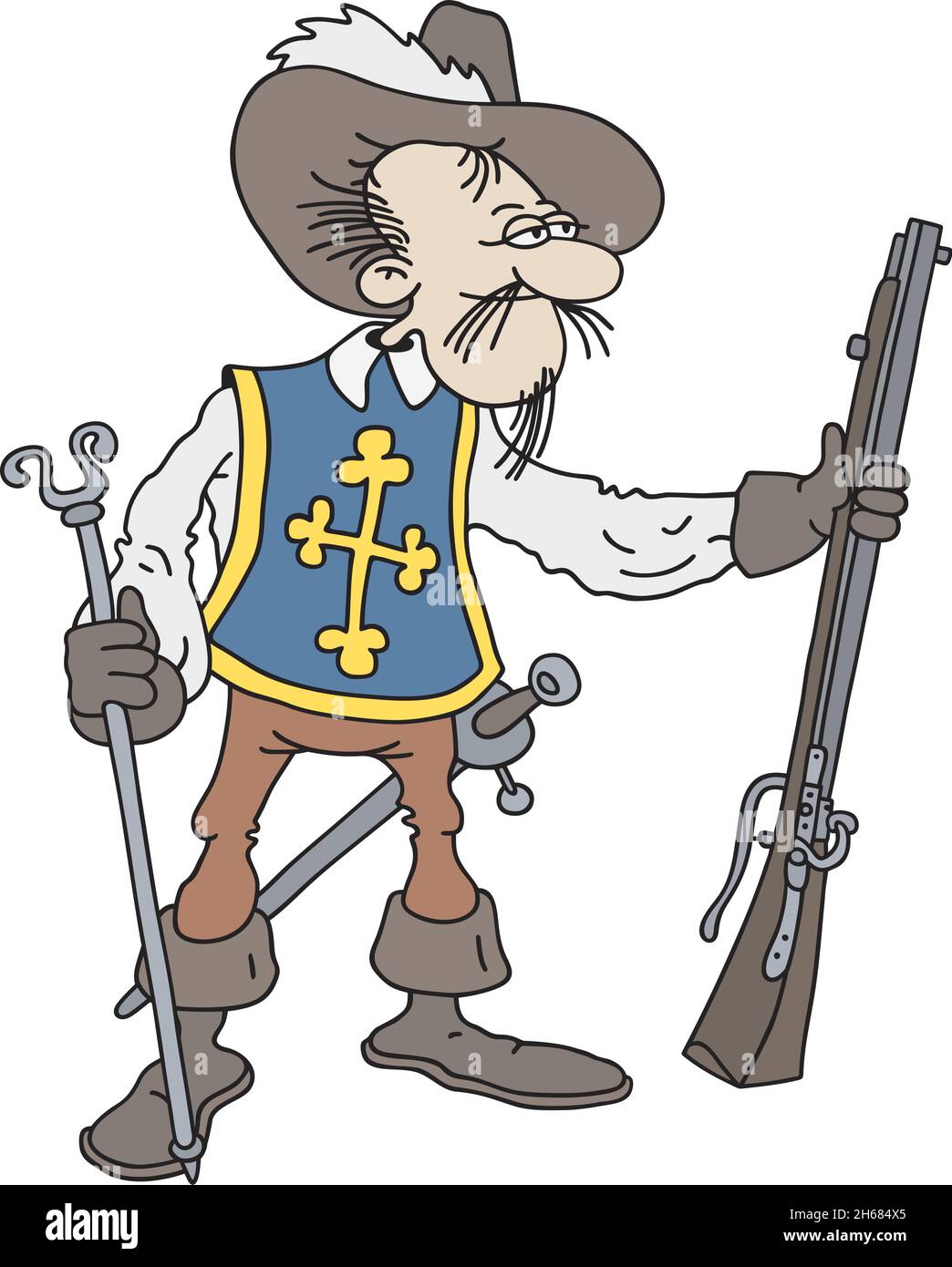 the vectorized hand drawing of a funny historical musketeer Stock ...