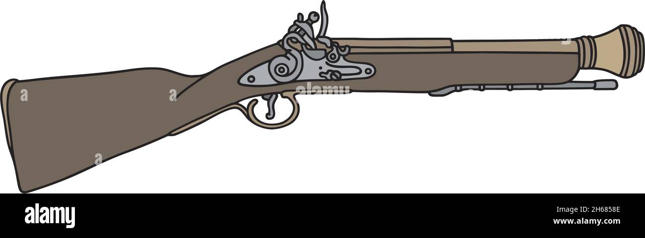 The vectorized hand drawing of a vintage short military matchlock rifle ...