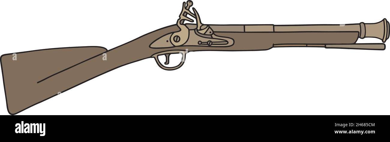 The vectorized hand drawing of a vintage short military matchlock rifle ...