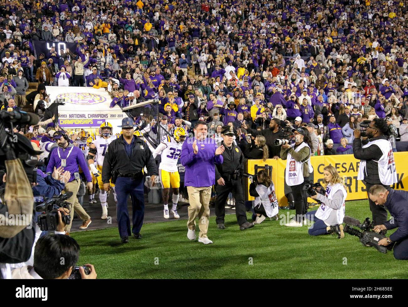 November 13, 2021: LSU Head Coach Ed Orgeron leads his team out of the locker room prior to NCAA ...