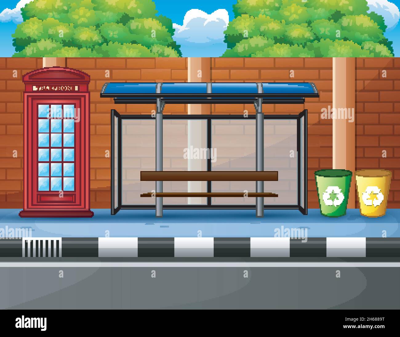 cartoon of a bus stop, telephone box and trash can in the edge highway ...