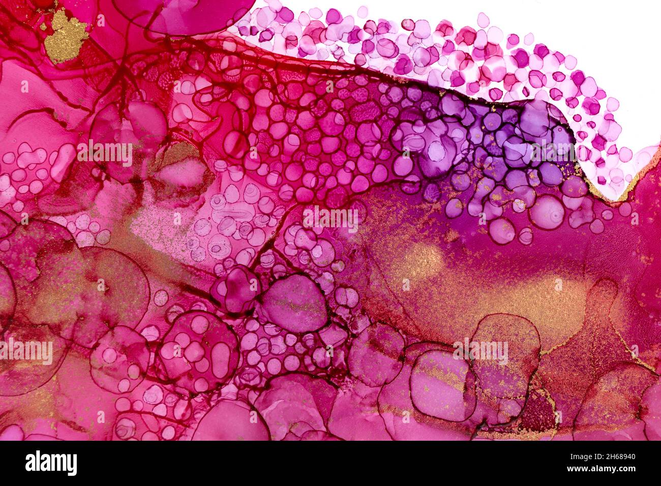 Abstract burgundy watercolor ink gradient drops with golden glitter ...