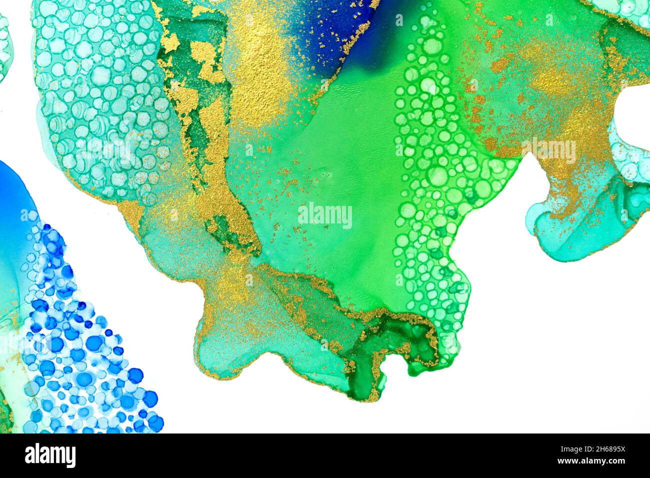 Abstract watercolor ink green and blue texture with gold glitter ...