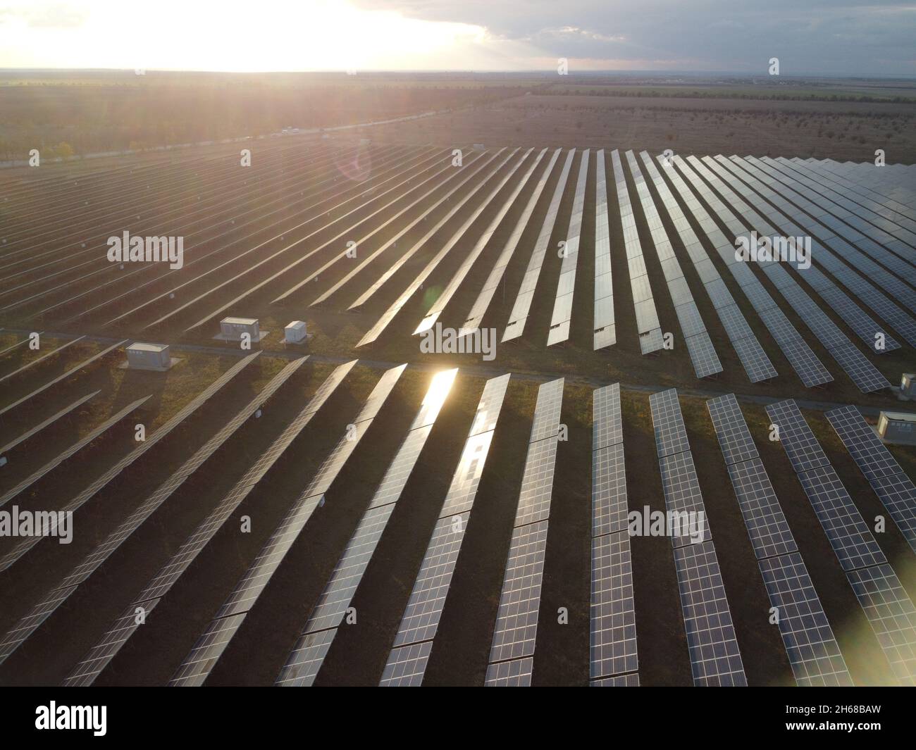 Aerial top view of a solar panels power plant. Photovoltaic solar ...