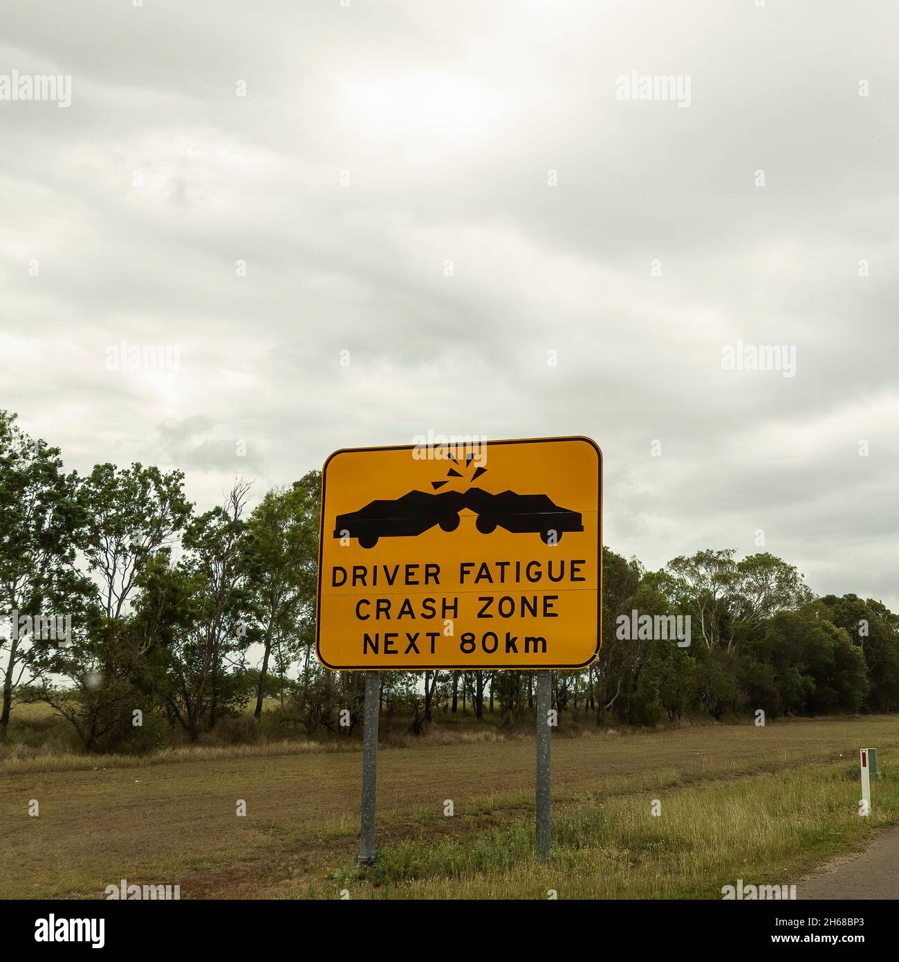 Driver fatigue crash zone warning road sign with car smash icons Stock ...