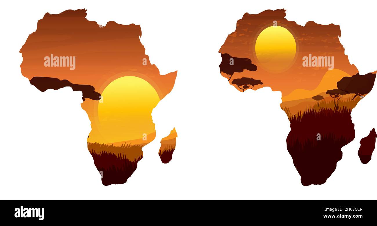 Africa map silhouette with sunset and landscape in cartoon style ...