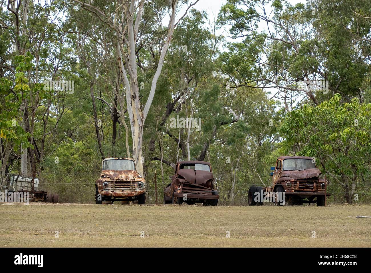 Three old rusted trucks lined up on a hill behind a barbed wire fence ...
