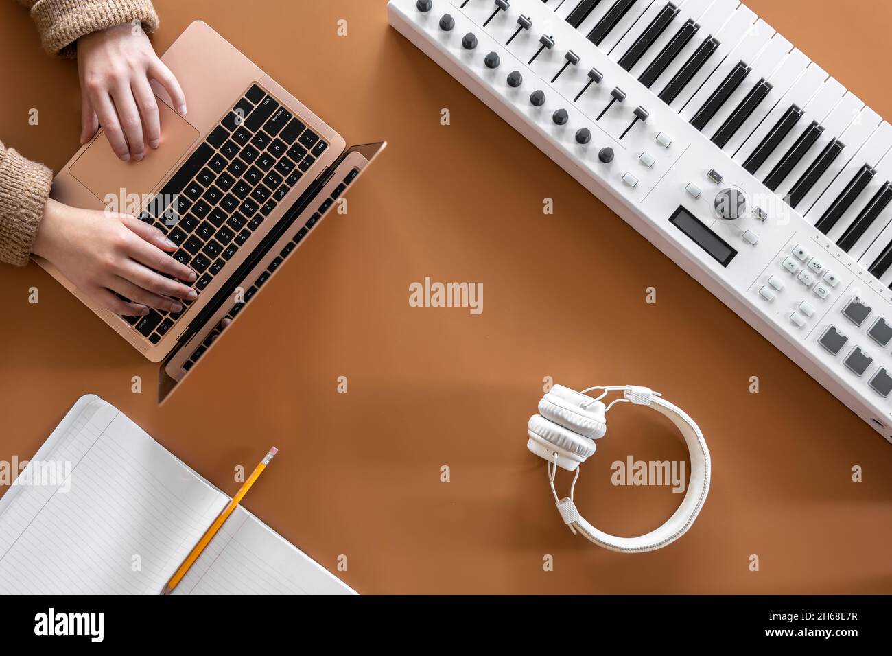 Musical flat lay background, music creation concept Stock Photo - Alamy