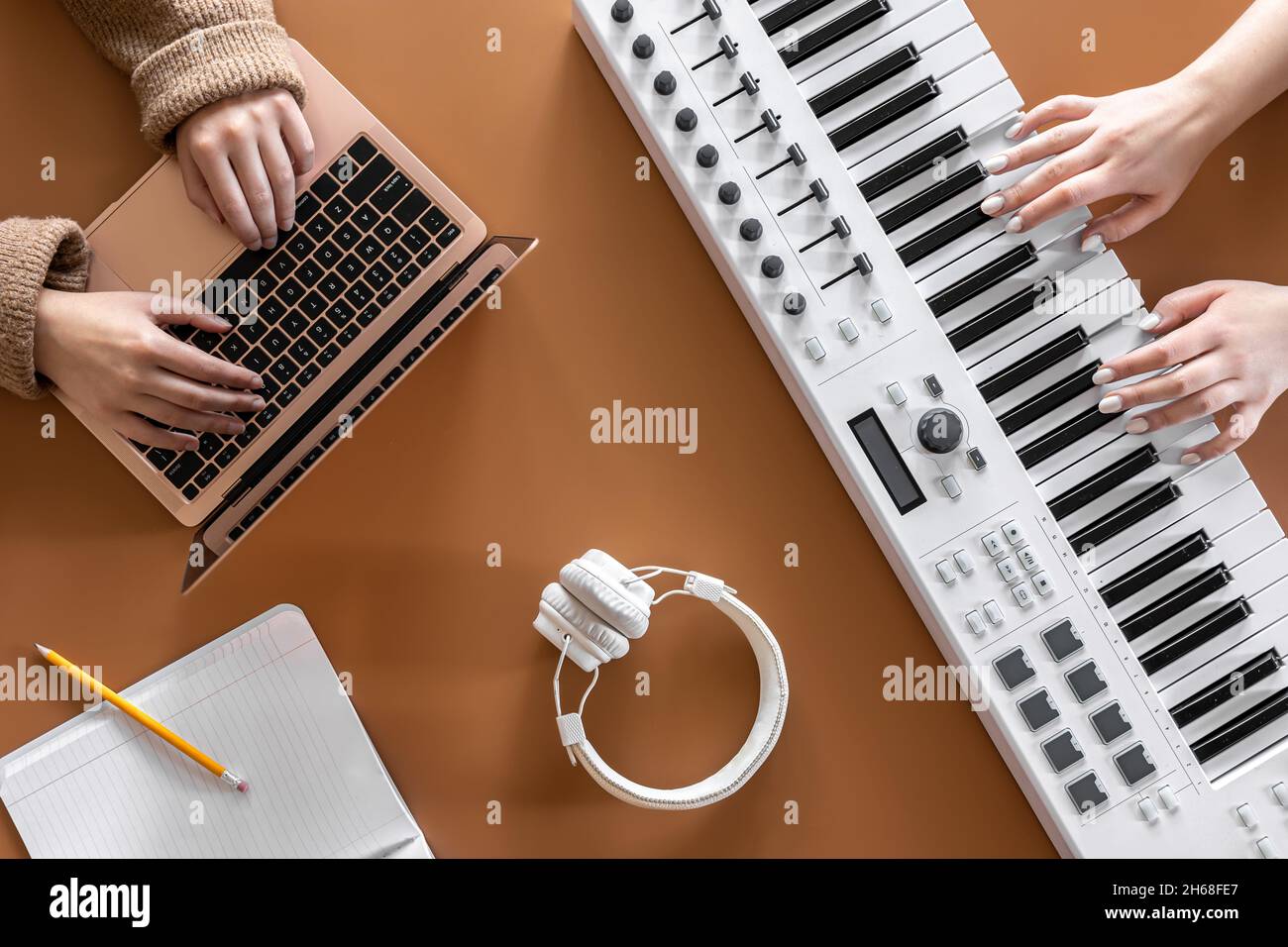 Musical flat lay background, music creation concept Stock Photo - Alamy