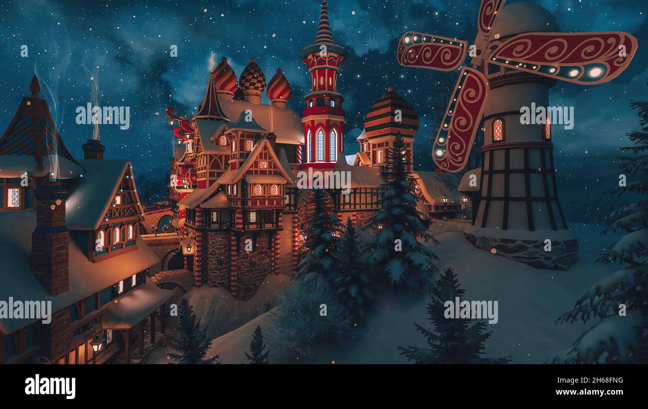 3D illustration - Christmas Snowing Village,Santa Claus castle Stock ...