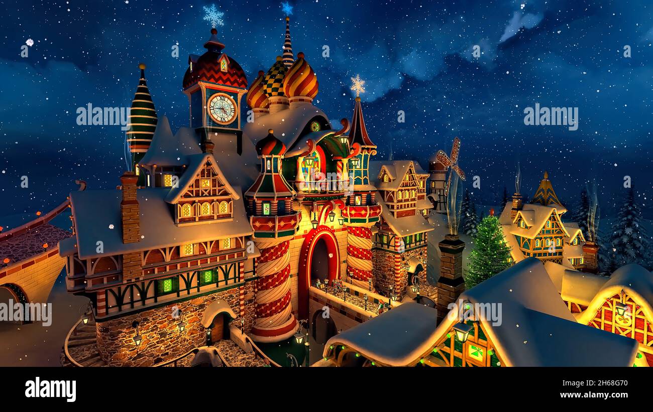 3D illustration - Christmas Snowing Village,Santa Claus castle Stock ...