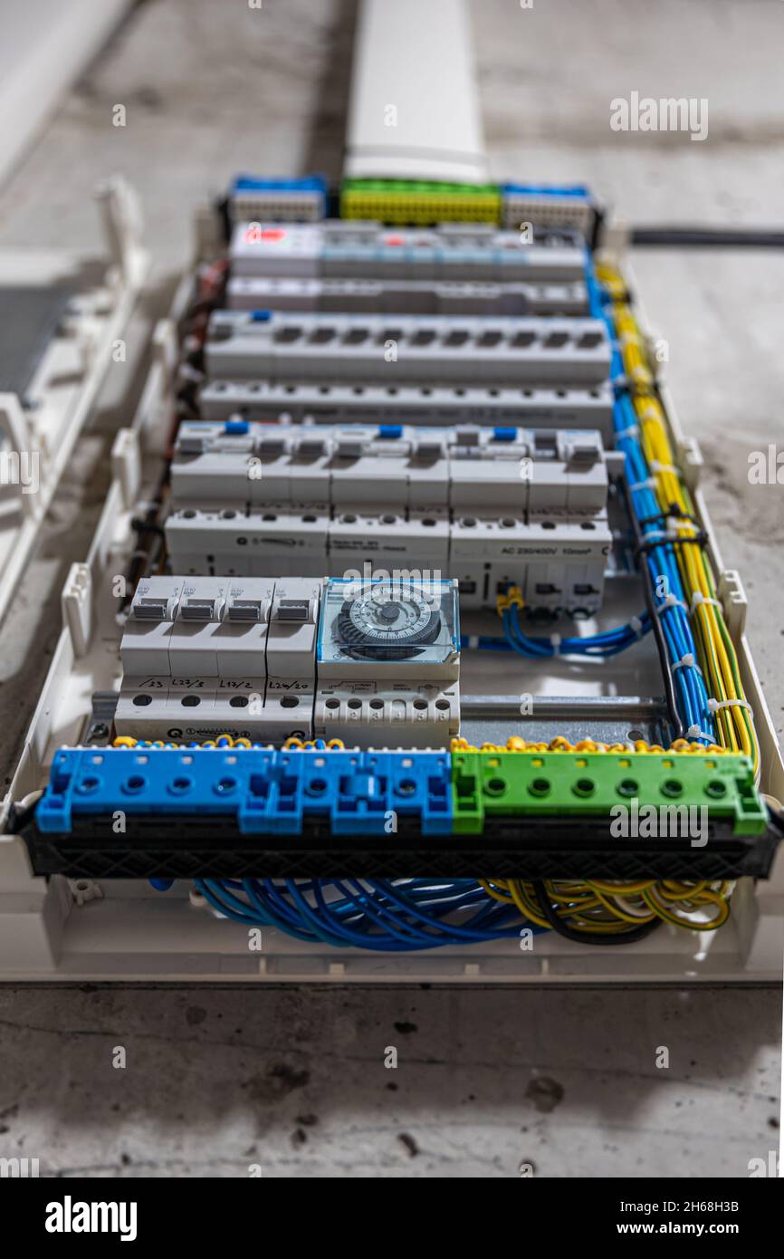 Voltage switchboard with circuit breakers, close up Stock Photo - Alamy