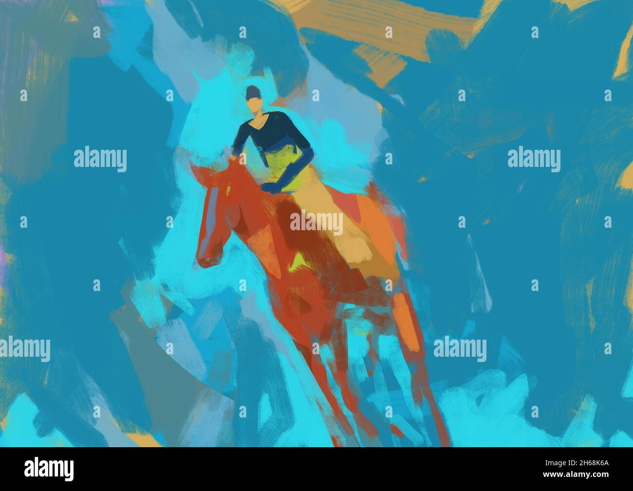 Calm horseman running in blue atmosphere peaceful ambient, concept ...