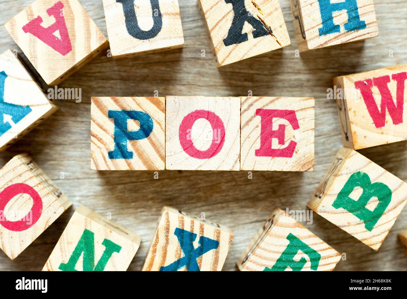 Alphabet letter block in word POE (Abbreviation of Proof of employment ...