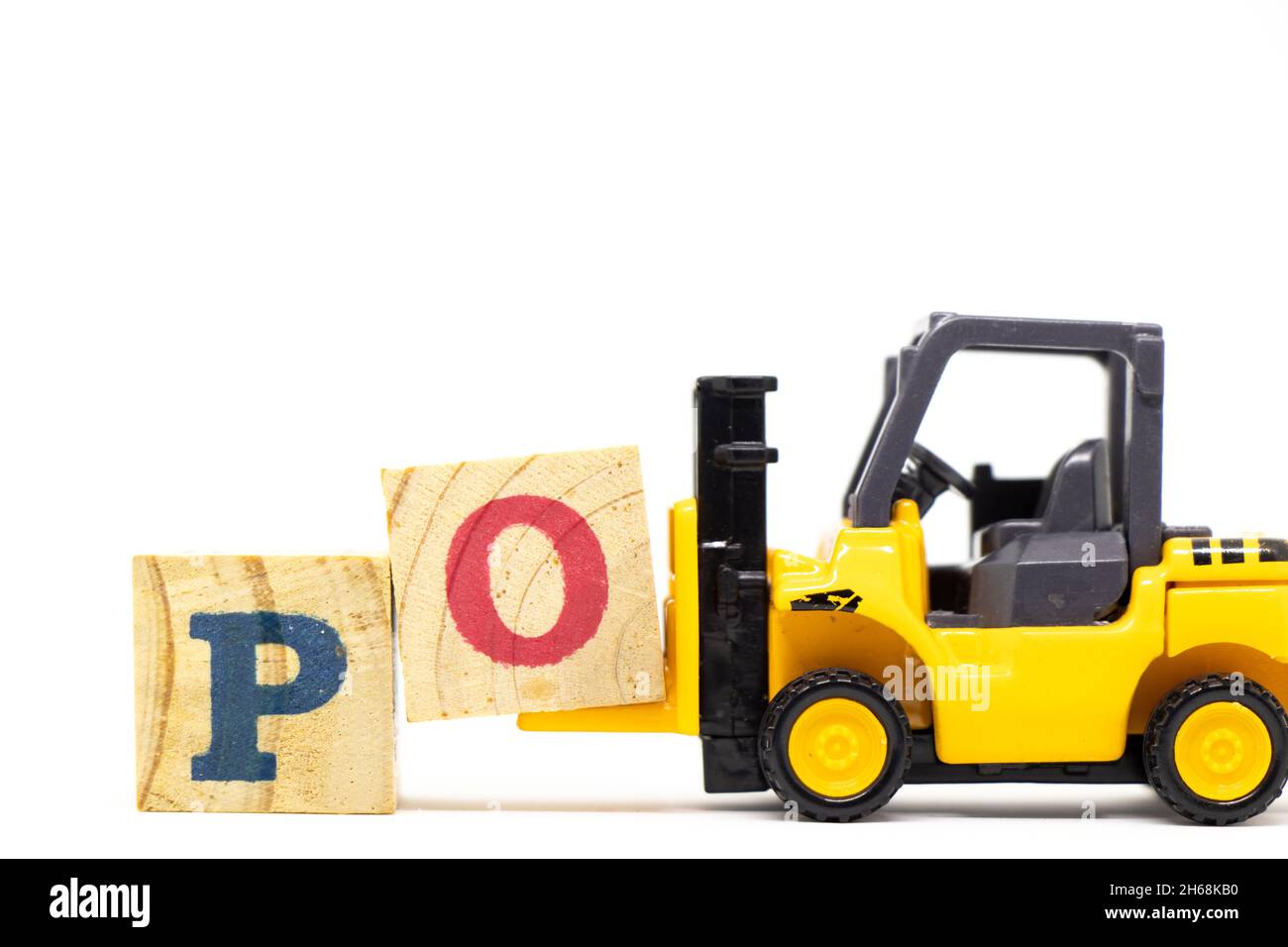 Toy forklift hold letter block O to complete word PO (Abbreviation of ...