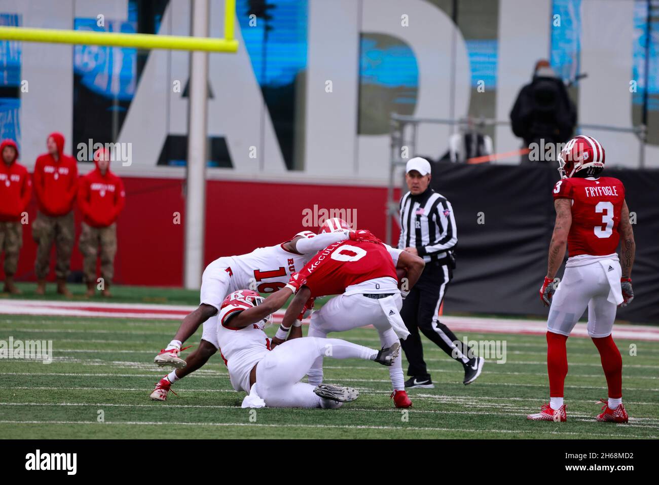 Quarterback Donaven McCulley (0) of the Indiana Hoosiers is sacked by ...
