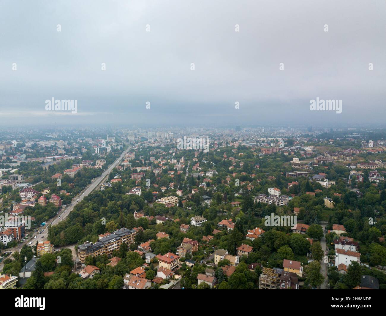 An aerial view of the architecture of Sofia, Bulgaria through fog Stock ...