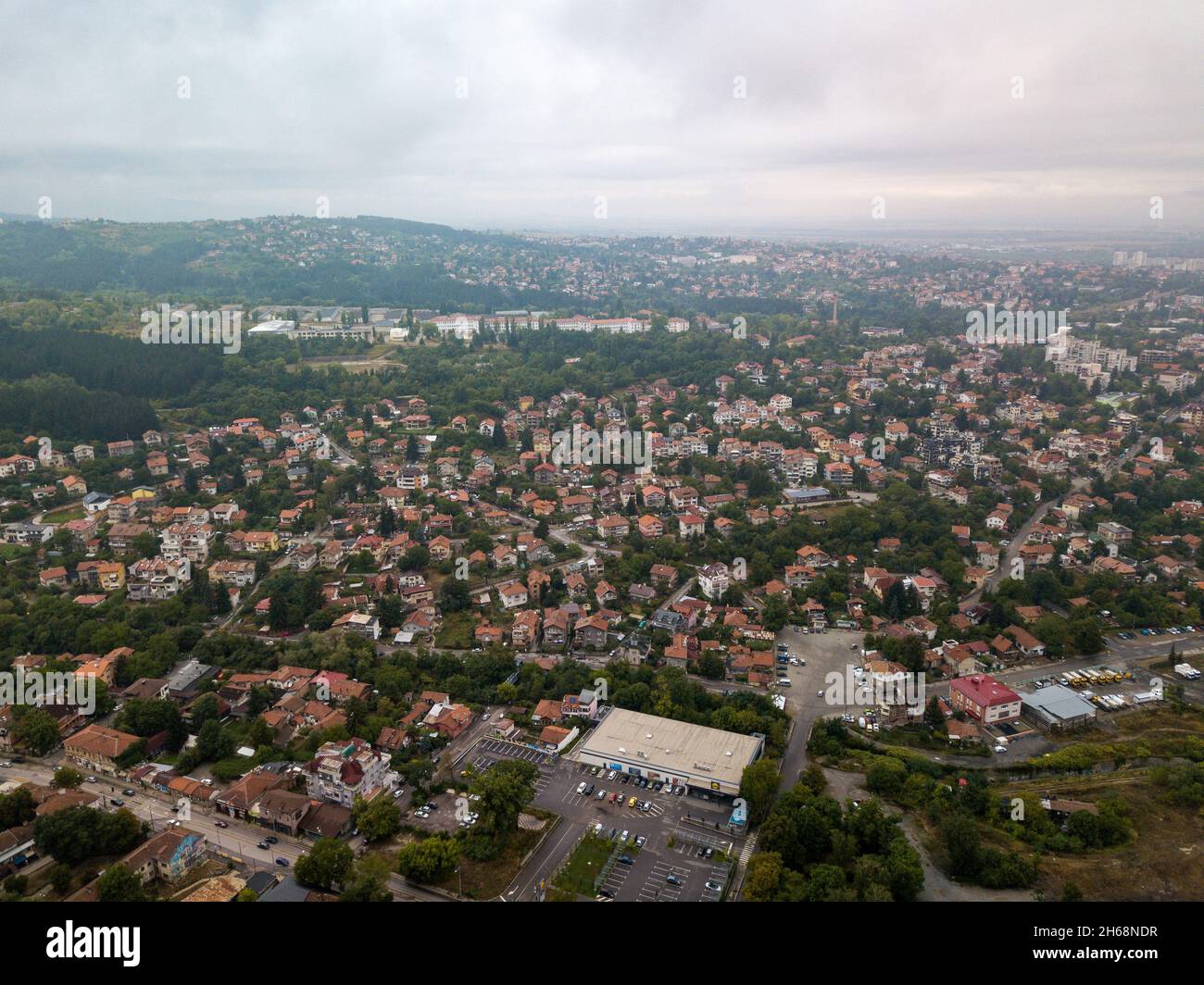 An aerial view of the architecture of Sofia, Bulgaria through fog Stock ...