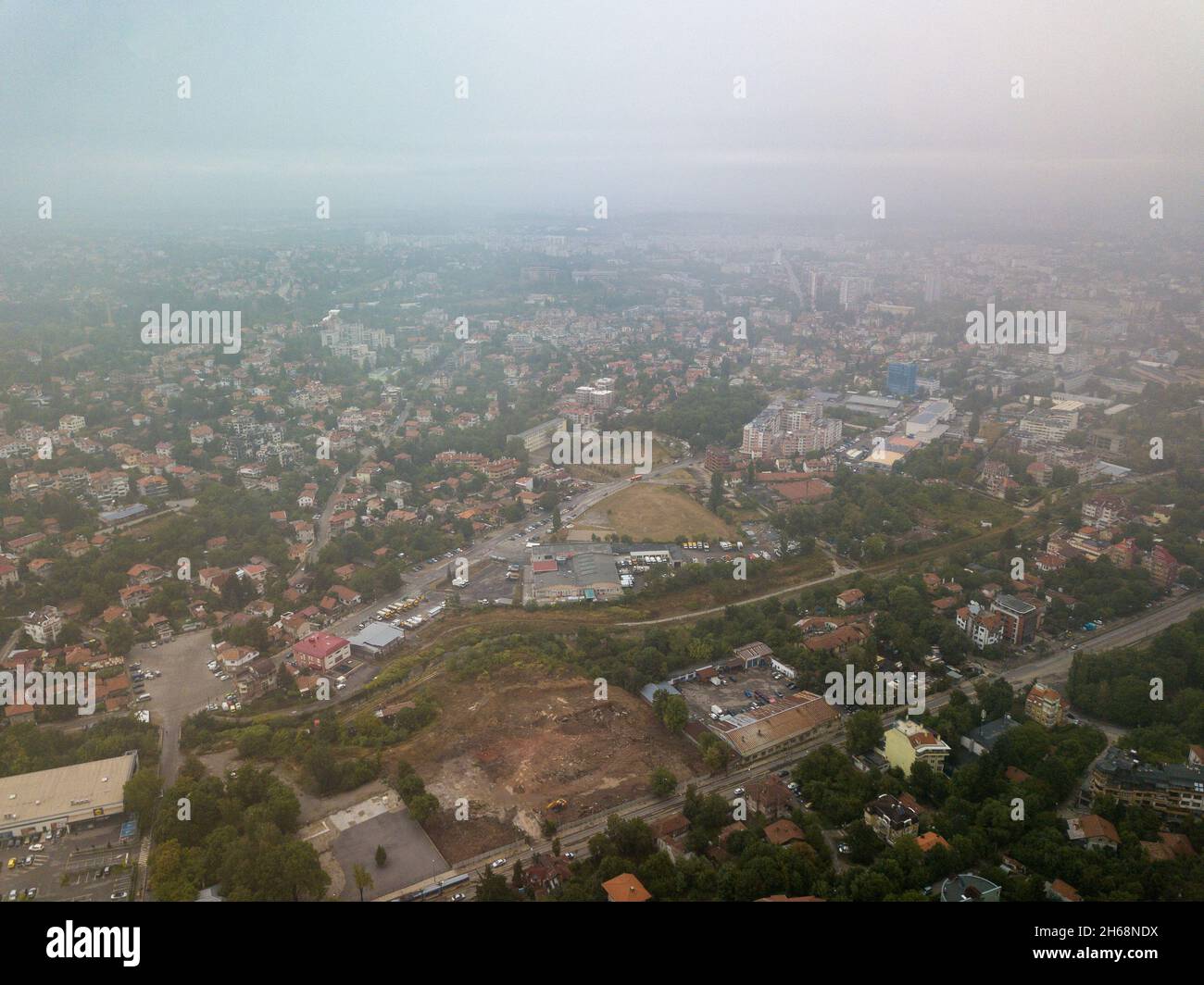 An aerial view of the architecture of Sofia, Bulgaria through fog Stock ...