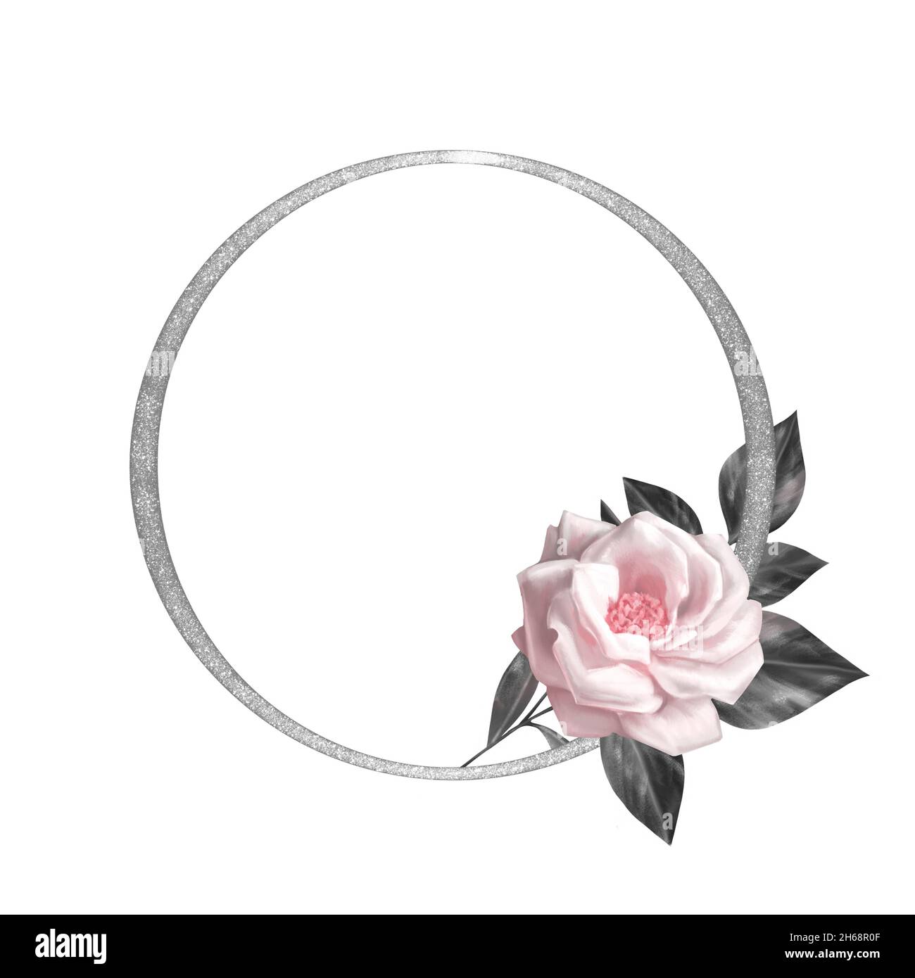 Silver round frame with rose flower. Isolated on white Stock Photo - Alamy
