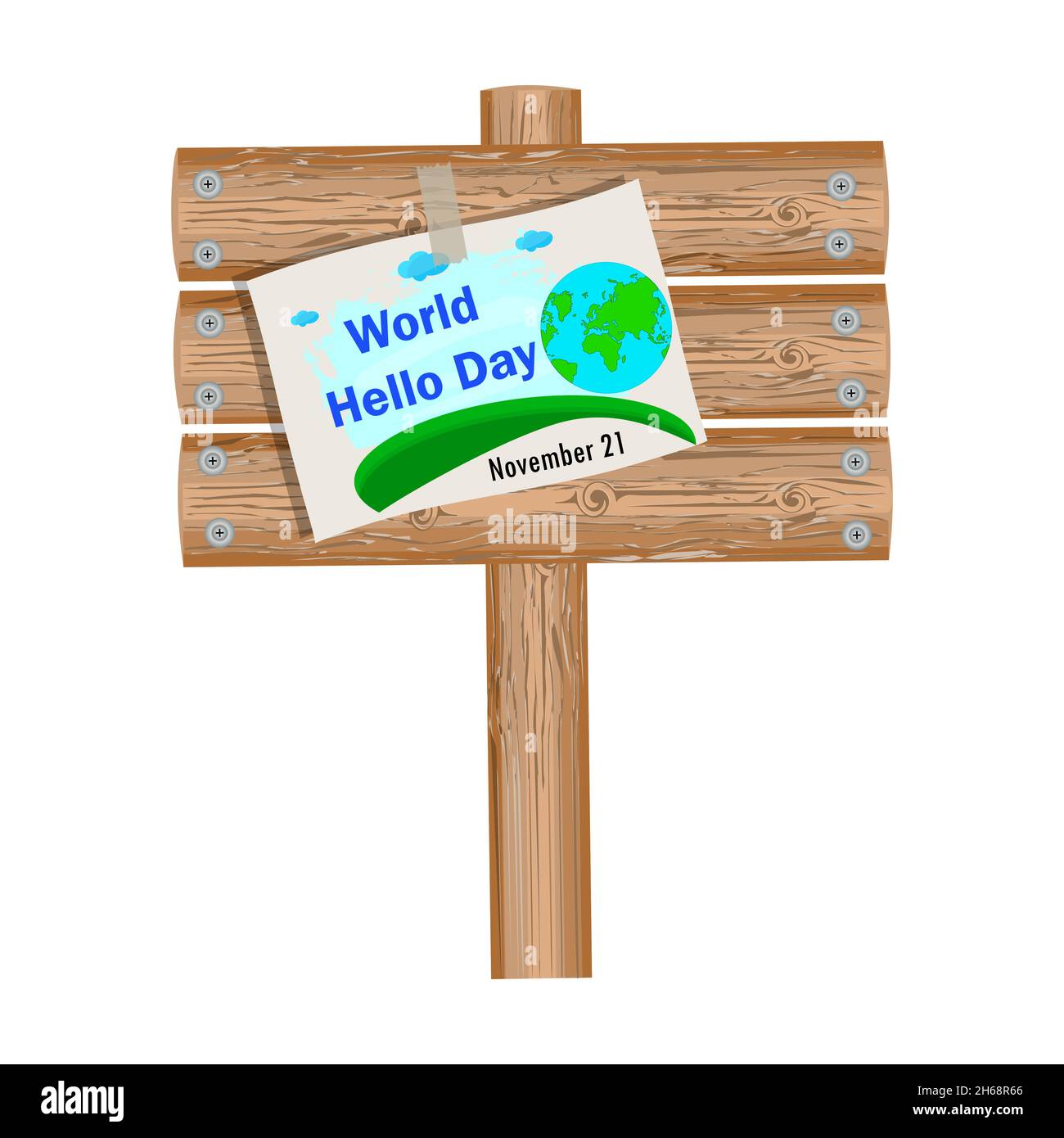 Wooden signboard with World hello day poster isolated on white ...