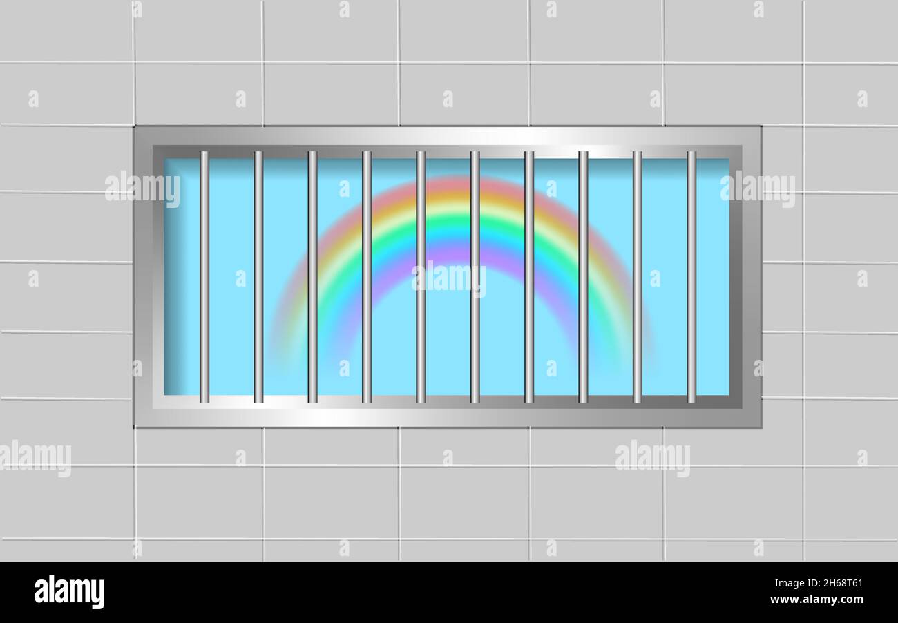 Rainbow outside the window. Prison windows with bars. Windows on a ...