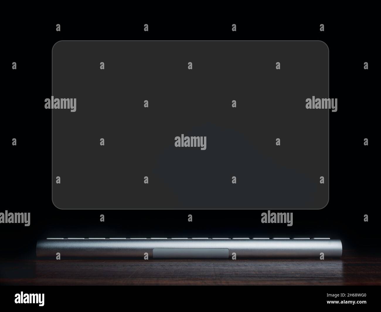 Blank virtual screen desktop monitor and modern silver keyboard on ...