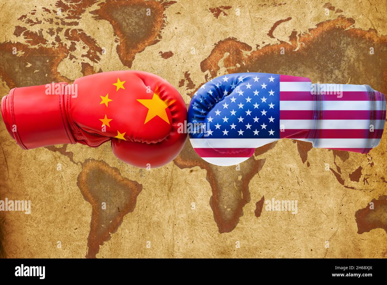 3D illustration flags of USA and China on boxing gloves on a map world ...