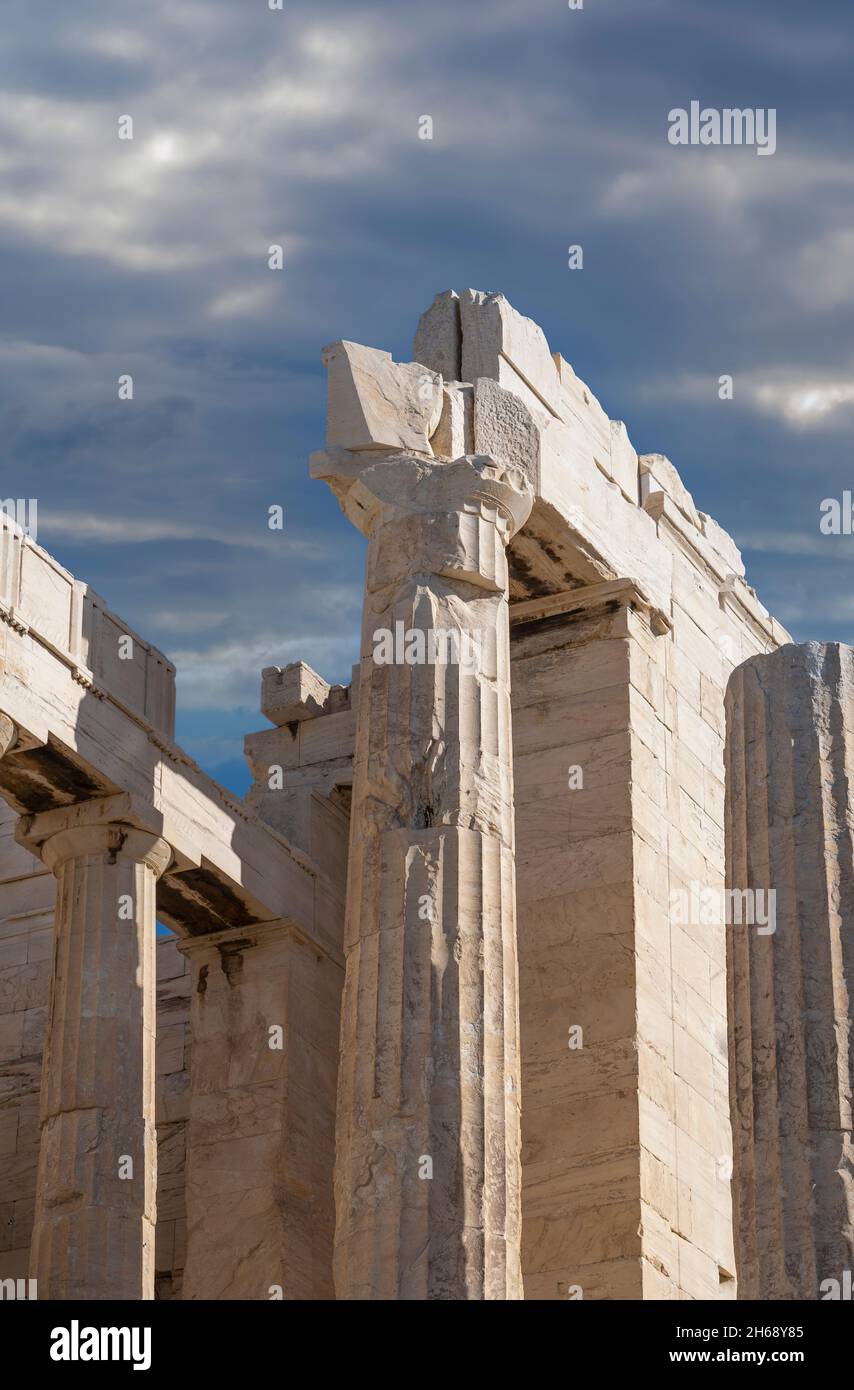 Column and arches of Parthenon located at Acropolis of Athens.against ...