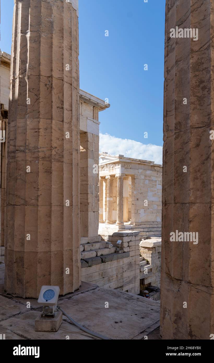 Column and arches of Parthenon located at Acropolis of Athens.against ...