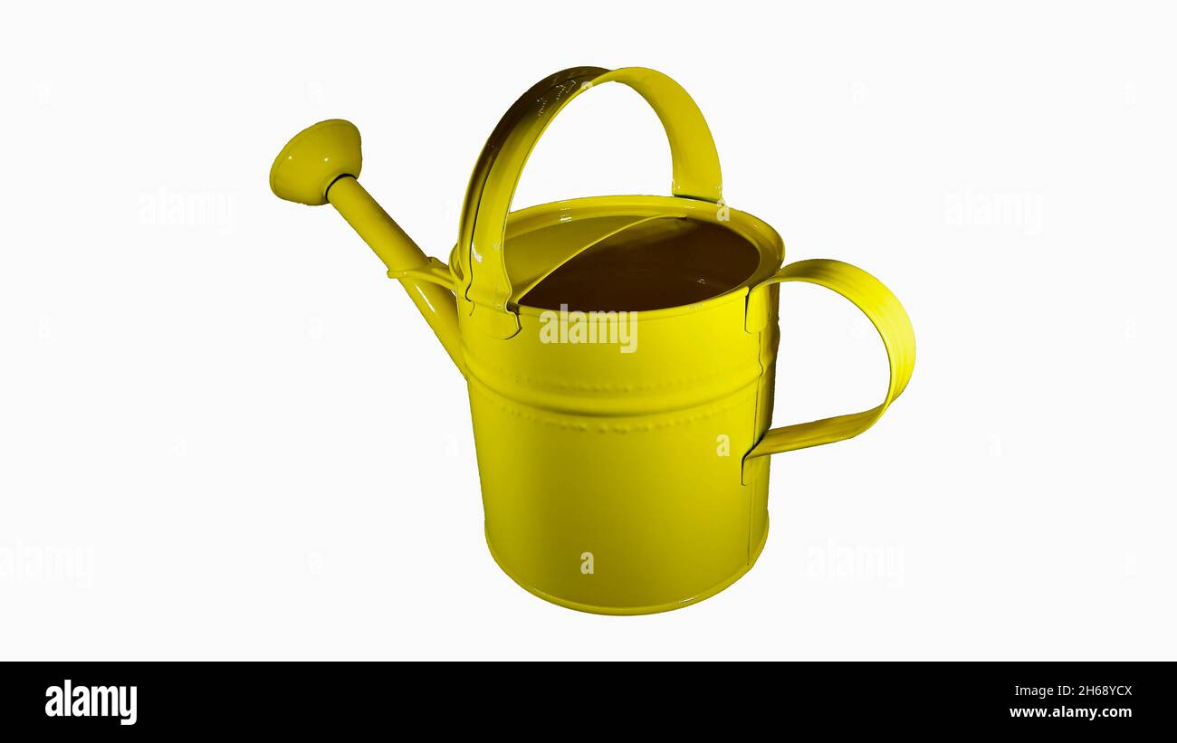 Yellow watering can isolated in front of a white background. Vintage ...