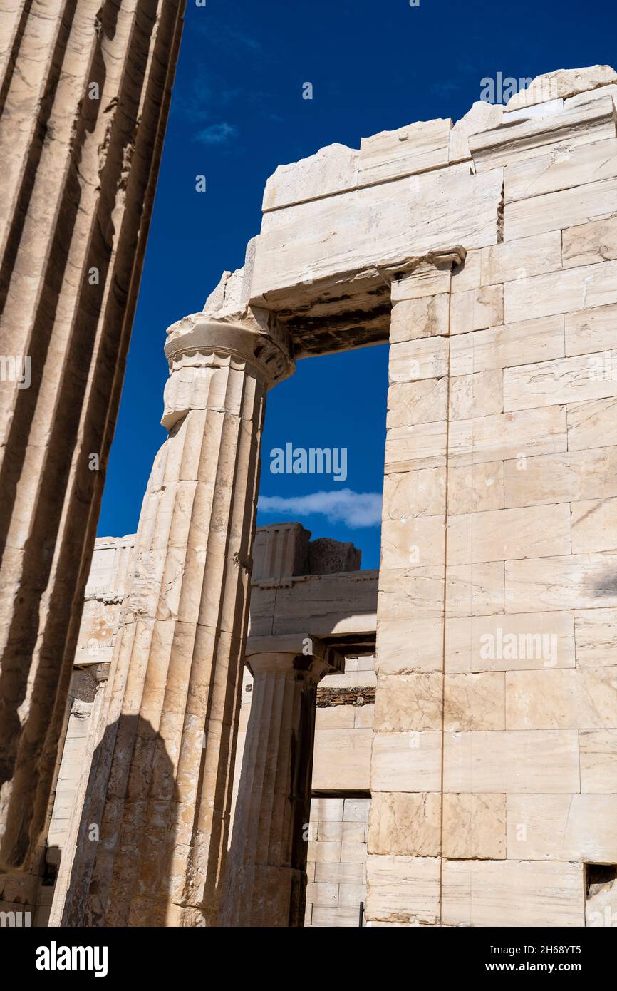 Column and arches of Parthenon located at Acropolis of Athens.against ...
