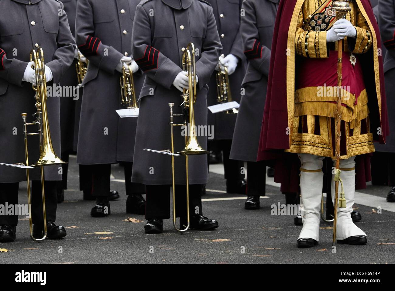 Military marching band's uniforms are seen in detail during the ...