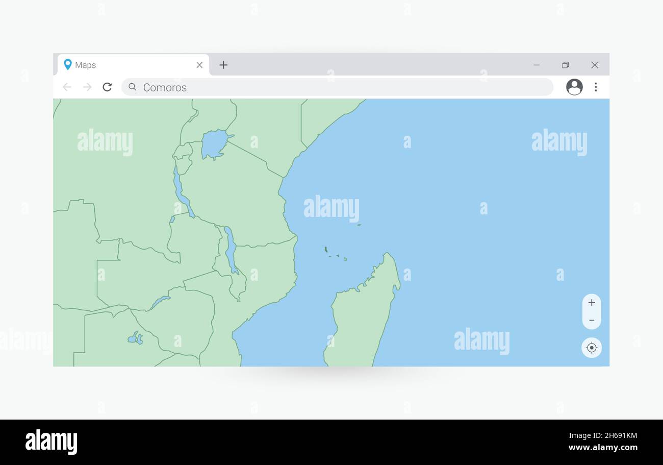 Browser window with map of Comoros, searching Comoros in internet ...