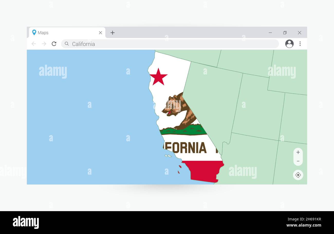 Browser window with map of California, searching California in internet ...