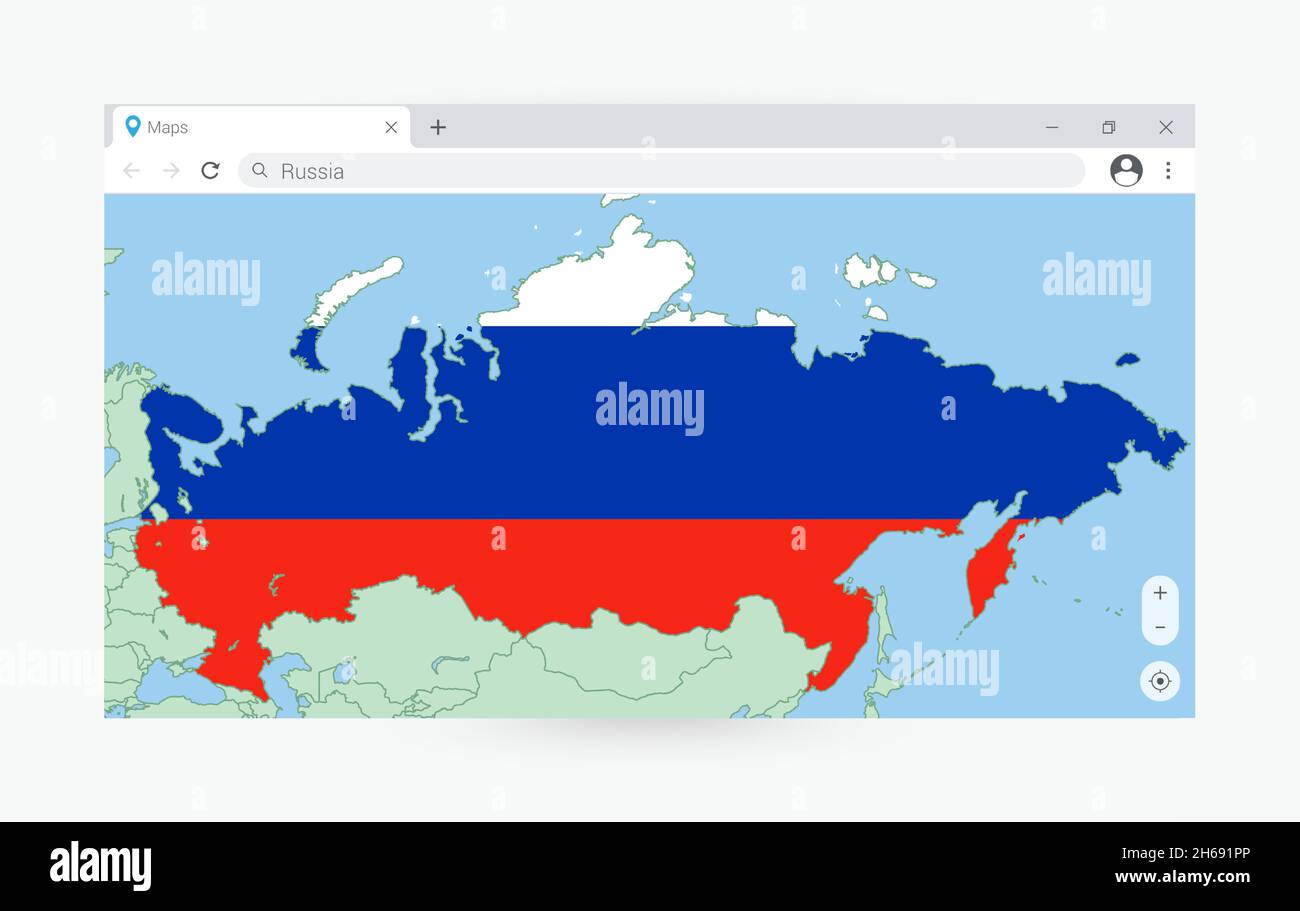 Browser window with map of Russia, searching Russia in internet. Modern ...