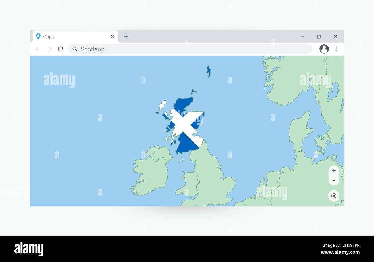 Browser window with map of Scotland, searching Scotland in internet ...