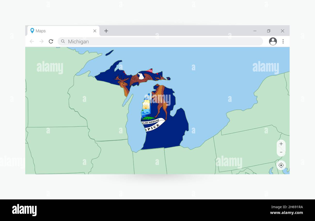 Browser window with map of Michigan, searching Michigan in internet ...